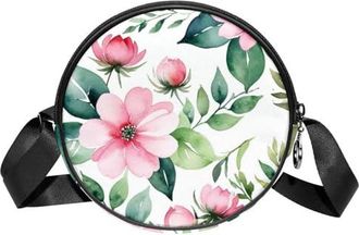 Generic Petit sac &agrave; bandouli&egrave;re circulaire pour femme, motif feuilles florales, sac &agrave; dos avec fermeture &eacute;clair, bretelles r&eacute;glables, sac &agrave; main rond d&eacute;contra