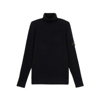 Stone Island Homme, Pulls, Bleu, Taille: L Pull à Col Roulé en Laine Bleu Marine Côtelé