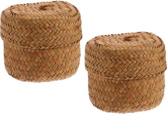 Happyyami Aufbewahrungskorb Aus Seegras Mit Deckel Kleine runde Handgewebter Geflochtener Korb Regalk&ouml;rbe Blumenkorb Bonboniere f&uuml;r Speisekammer Regale Schr&auml;nke