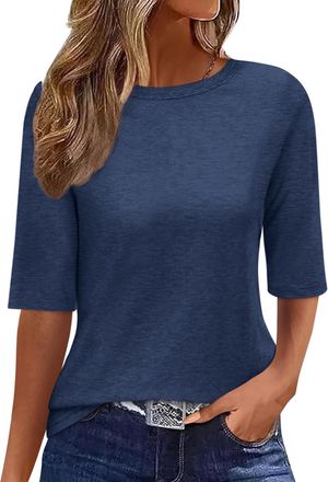 Minetom T-Shirt Damen Halbarm Rundhals Tshirt Sommer Einfarbig Oberteil Basic Shirts A Marineblau XXL