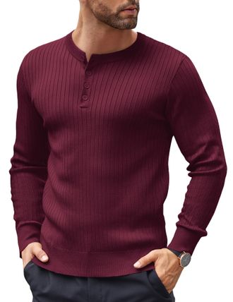 Coofandy Herren Pullover Henley Shirt Strickpullover mit Knopfleiste M&auml;nner Langarmshirt Pulli Slim Fit Weinrot XXL