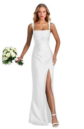 Generic Robe de demoiselle dhonneur en satin pour femme - Robe de bal sir&egrave;ne - Bretelles spaghetti - Corset long pliss&eacute; - Robe de soir&eacute;e formelle avec fente, 