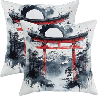 Generic Japanische Torii-Kissenbezüge, 2er-Set, rot-schwarze Berglandschaft, dekorative quadratische Reisedekoration für Zuhause, Sofa, Bett, Couch, 50,8 x 50