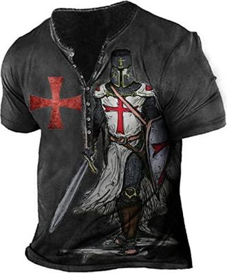 Keephen Hommes en détresse Henley Chemise Chevalier templier imprimé 3D à Manches Courtes t-Shirts Vintage décontracté Sport t-Shirt Hauts