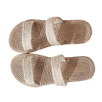 Garneck Sandales de Plage Femme Paille Tressée Légères et Plates Confortables pour Jardin Beige