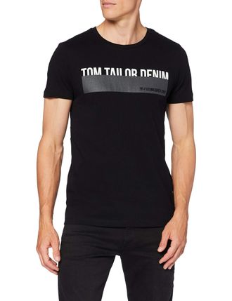 Tom Tailor Herren T-Shirt mit Print 1016303, 14482 - Deep Black, S