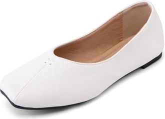Generic Semelle Fine & Cuir Grenu Ballerines Femme (Tailles 32-54) 1cm Bout Carr&eacute; Chaussures &agrave; Enfiler - L&eacute;ger Large Printemps & Automne,Blanc,34 EU