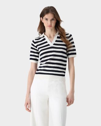 van Laack V-Polo gestreift mit Ajourmuster aus Air Cotton
