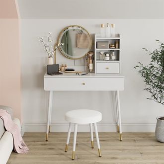 Vicco Schminktisch Mirela, Weiß, 90 cm mit LED-Spiegel und Hocker