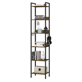 Woltu Lagerregal mit 6 Ebenen, K&uuml;chenregal mit 4 Haken, B&uuml;cherregal im Industriestil, Standregal im Wohnzimmer K&uuml;che, schmales Leiterregal, Schwarz + Vintag