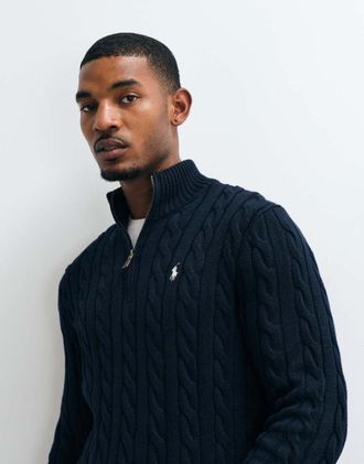 Polo Ralph Lauren sweat-shirt en coton &agrave; torsades avec logo icon et demi-zip bleu marine