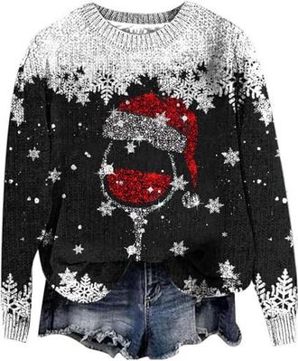 Generic Pull de No&euml;l en tricot pour femme - Pull de No&euml;l amusant - Col rond - Manches longues - Avec verre &agrave; vin rouge et flocon de neige - Motif de No&euml;l d&eacute;co
