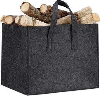Relaxdays 2X Kaminholzkorb aus Filz, 2 Griffe, zum Tragen, faltbar, belastbar, flexibel, Filzkorb, HBT: 35 x 43 x 37 cm, anthrazit