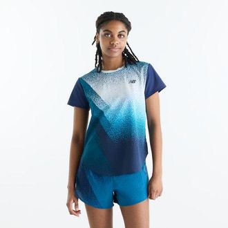 New Balance Femme Race Day Ultra Light Printed T-Shirt en Bleu, Polytiss&eacute;, Taille XL