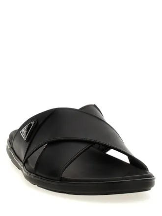 Prada Logo Triangle Sandals - Black