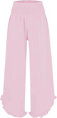 Generic Pantalon d&eacute;t&eacute; en coton et lin pour femme - Jambes larges - Taille smock&eacute;e - Ourlet &agrave; volants - Palazzo - V&ecirc;tement d&eacute;t&eacute; fluide avec poches, rose, XXL