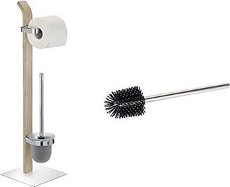 WENKO Stand WC-Garnitur Samona Nature, Ständer für Toilettenpapier, 20 x 71,5 x 20 cm & Silikon WC-Ersatzbürste mit Edelstahlstiel - Ersatz-Toilettenbürste,
