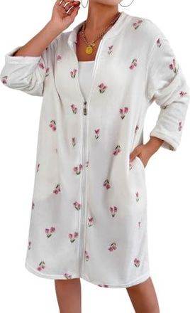 ORANDESIGNE Peignoir de Bain Femme Court Robe de Chambre Polaire Peignoir Polaire Peignoirs Hiver Robe Peluche avec Fermeture &eacute;clair C Blanc S
