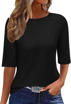 Minetom T-Shirt Damen Halbarm Rundhals Tshirt Sommer Einfarbig Oberteil Basic Shirts A Schwarz XXL