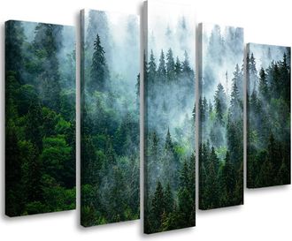 Feeby Bild Auf Leinwand 200x100 cm Wald im Nebel 5 tlg Modern Vlies Bilder Wandbilder Wand Wanddeko Design Wohnzimmer Schlafzimmer Flur B&uuml;ro Landschaft Natu