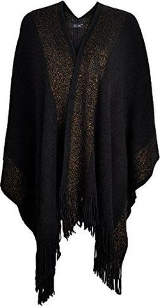ZLYC Couverture En tricot de Femme Poids léger Châle dor Garniture Poncho Frange avec Garnitures de Contraste