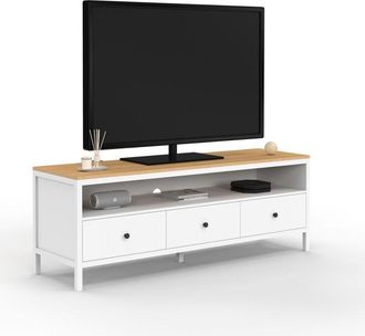 IDMarket TV-M&ouml;bel 140 cm ACHILLE 3 Schubladen wei&szlig; und Holzplatte