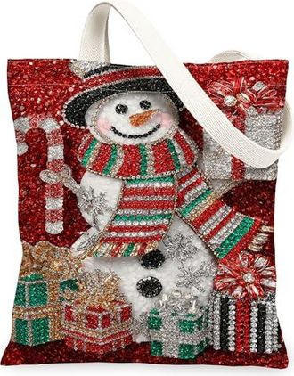 Generic Sacs fourre-tout en toile paillet&eacute;e motif bonhomme de neige de No&euml;l, sacs d&eacute;picerie r&eacute;utilisables, &eacute;l&eacute;gants et l&eacute;gers, Rouge, 13x15 Inch