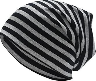 ZLYC Bonnet fin et souple en coton pour homme et femme - Tendance - Doux - En tricot extensible, Rayures noires et grises, Taille unique