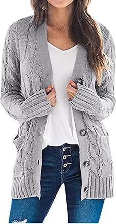 SoonerQuicker Gilet Long Femme Cardigan Chic Et Elegant Gilet Grosse Maille avec Boutons Cardigan De Poche Devant LéGer Veste Cardigan Pull Basique Automne Et Hiver