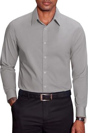Coofandy Chemise Homme Manches Longues Extensible Facile &agrave; Repasser Chemise Business Coupe Regular Fit Chemise D&eacute;contract&eacute;e pour Homme Gris Clair XL