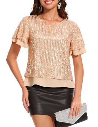 Dresstells Glitzer Oberteile Damen Pailletten Bluse Goldenes Glitzershirt Elegant Luxus Outfit Disco Outfit Champagne XL