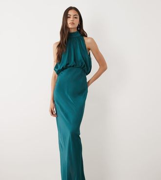 Asos Tall ASOS DESIGN Tall - Robe longue dos nu bouffante en satin - Bleu sarcelle