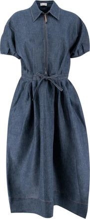 Brunello Cucinelli Femme, Robes, Bleu, Taille: 40 FR Robe en Lin Denim avec Demi-Zip Taille