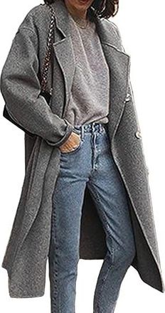 TOMWELL Manteau Femme Long Revers Manteau À Manches Longues Automne Et Hiver Cardigan Vintage Couleur Unie Trench Coat Mode Élégant Outwear A Gris XXL