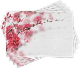 Abakuhaus Frühling Platzmatten, Natur-Schönheits-Kirschblüten-Niederlassungen Misty Inspirational Japanese Blooms Image, Tiscjdeco aus Farbfesten Stoff für das 