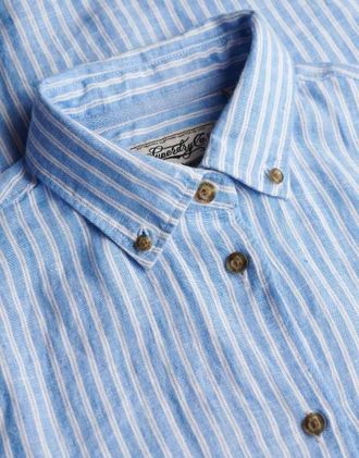 Superdry Premium Leinen-Hemd mit Knopfleiste und schmaler Passform in klassischem Blau mit Streifen