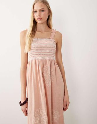 Accessorize Besticktes Maxi-Strandkleid in Rosa mit ger&uuml;schten Tr&auml;gern