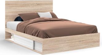 IDMarket Doppelbett melsa mit Stauraum am Kopfende und Bettkasten 140 x 190 cm in Buchenholzoptik und Wei&szlig;