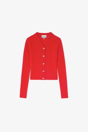 Ganni Goji Berry Strickjacke aus roter Merinowolle Wolle - Gr&ouml;&szlig;e XXS