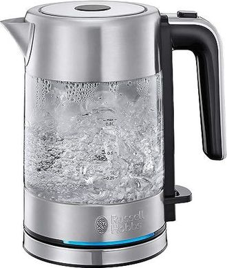 Russell Hobbs Wasserkocher Glas & Edelstahl klein [0,8l] Compact (2200W, blaue LED Beleuchtung, herausnehmbarer Kalkfilter, kleiner Reisewasserkocher) Teekocher 241