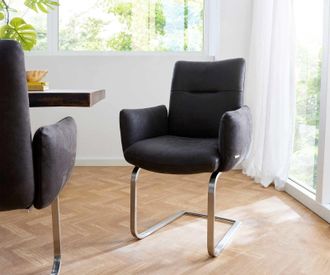 DELIFE Freischwinger Jova-Flex mit Armlehnen Mikrofaser Anthrazit Vintage Freischwinger flach Edelstahl Taschenfederkern, Esszimmerstühle