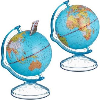 Relaxdays Spardose Globus 2er Set, drehbar, Spalt, Kinderspardose, Sparbüchse, Weltkugel, HxBxT: 16,5 x 14 x 13 cm, bunt