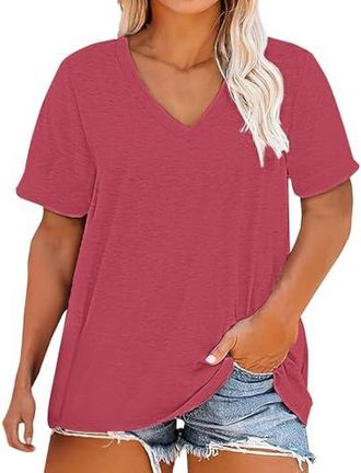 Generic Femme Tee Shirt Sport D&eacute;contract&eacute;e Chic T-Shirts Haut &Agrave; Manche Courte D&eacute;t&eacute; Loose Basique Tee-Shirt Grande Taille Confortable Col en V Tops Blouse Et &Agrave;