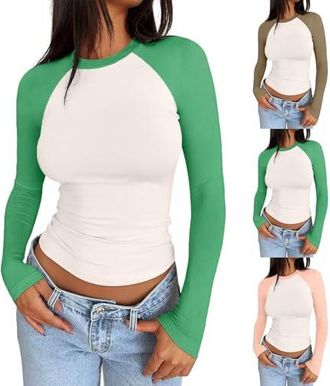Generic T-shirt &agrave; manches longues pour femme - Haut &agrave; manches raglan - T-shirt de sport surdimensionn&eacute; Y2K Crop Tops bicolore patchwork T-shirts stretch skinn