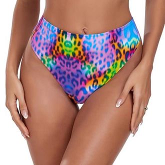 Relleciga Maillot de Bain Femme Bas de Bikini Taille Haute Thong Neon L&eacute;opard M