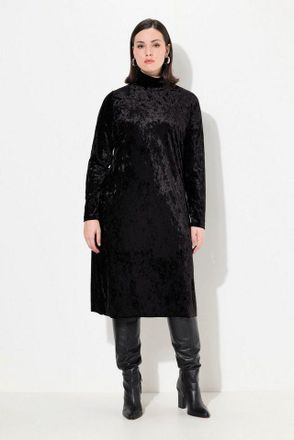 Ulla Popken Maxikleid Maxi-Samtkleid Slim Stehkragen Langarm