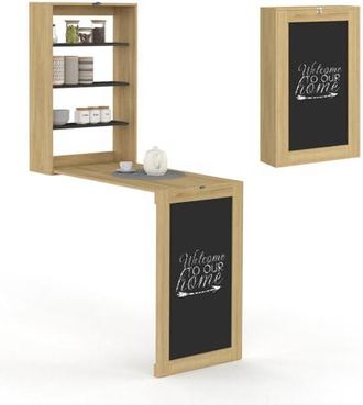 IDMarket Table Murale Pliable MACCHIA avec étagères et Tableau Craie 2 Personnes Bois et Noir