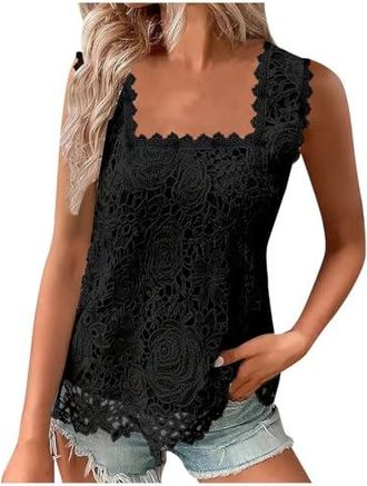 Generic D&eacute;bardeur d&eacute;t&eacute; &eacute;l&eacute;gant en dentelle florale &agrave; col carr&eacute; pour femme, Noir, L