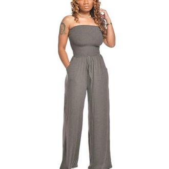 Generic Combinaison sans bretelles &agrave; la taille, combinaison d&eacute;t&eacute; sans manches avec ceinture &agrave; jambes larges, haut tubulaire ample avec poches, gris, XXL