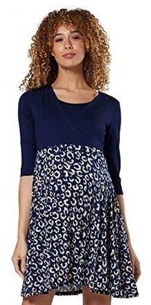 Happy Mama Femme. Robe Patineuse maternité dallaitement. Manches 3/4. 603p (Marine à Imprimé Beige, 44, 2XL)